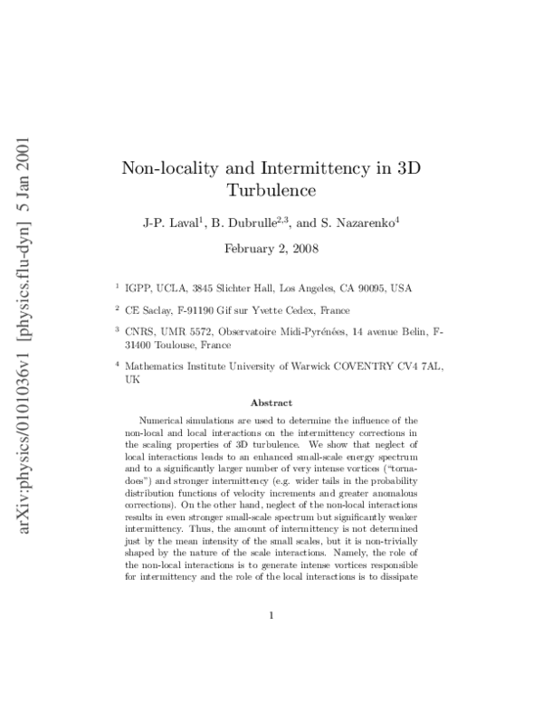 (PDF) Non-locality and Intermittency in 3D Turbulence