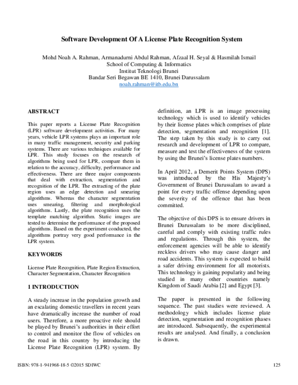 Pdf Software Development Of A License Plate Recognition System