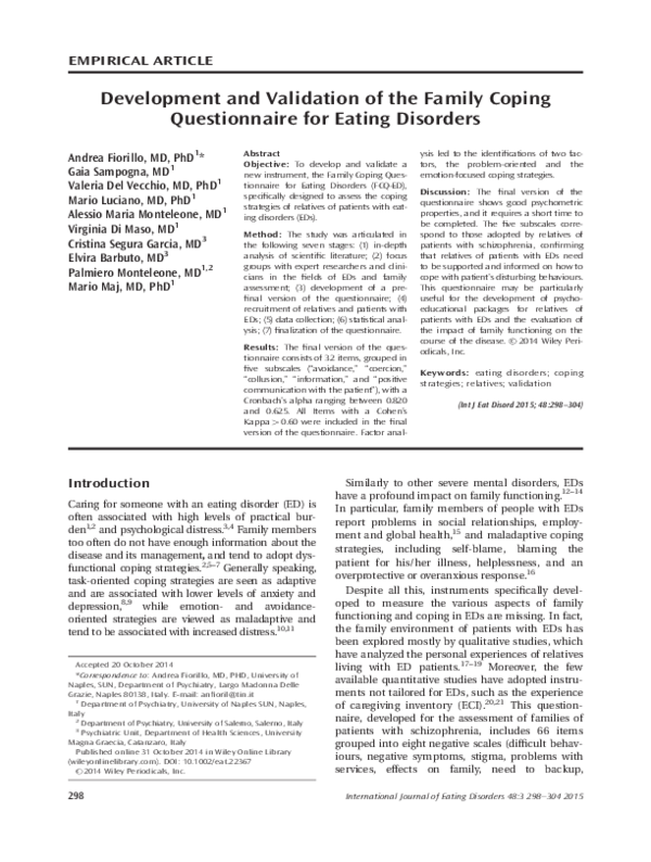 (PDF) Development and validation of the family coping questionnaire for eating disorders