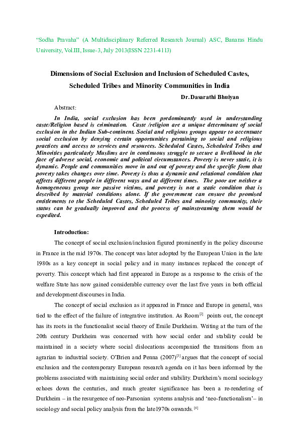 (DOC) Dimensions of Social Exclusion and Inclusion of Scheduled Castes ...