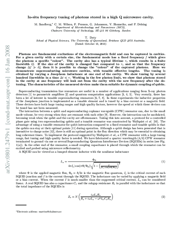 (PDF) In-situ frequency tuning of photons stored in a high Q microwave ...
