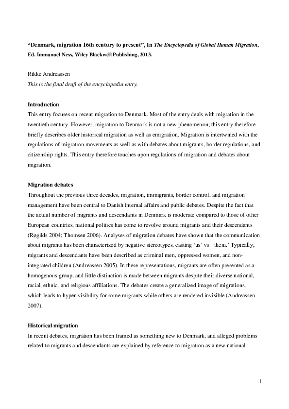 (PDF) Denmark, migration 16th century to present. In: The Encyclopedia ...