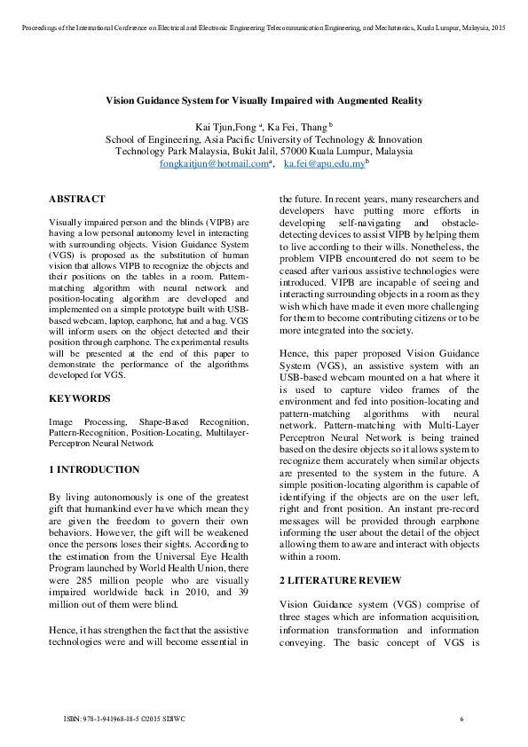 (PDF) Vision Guidance System for Visually Impaired with Augmented Reality