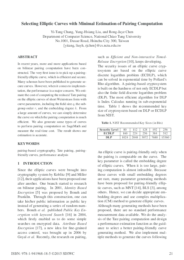 (PDF) Selecting Elliptic Curves with Minimal Estimation of Pairing Computation