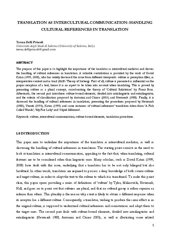 (PDF) TRANSLATION AS INTERCULTURAL COMMUNICATION: HANDLING CULTURAL ...