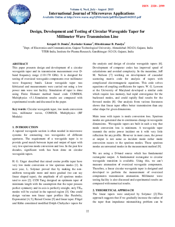 Pdf Design Development And Testing Of Circular Waveguide Taper For