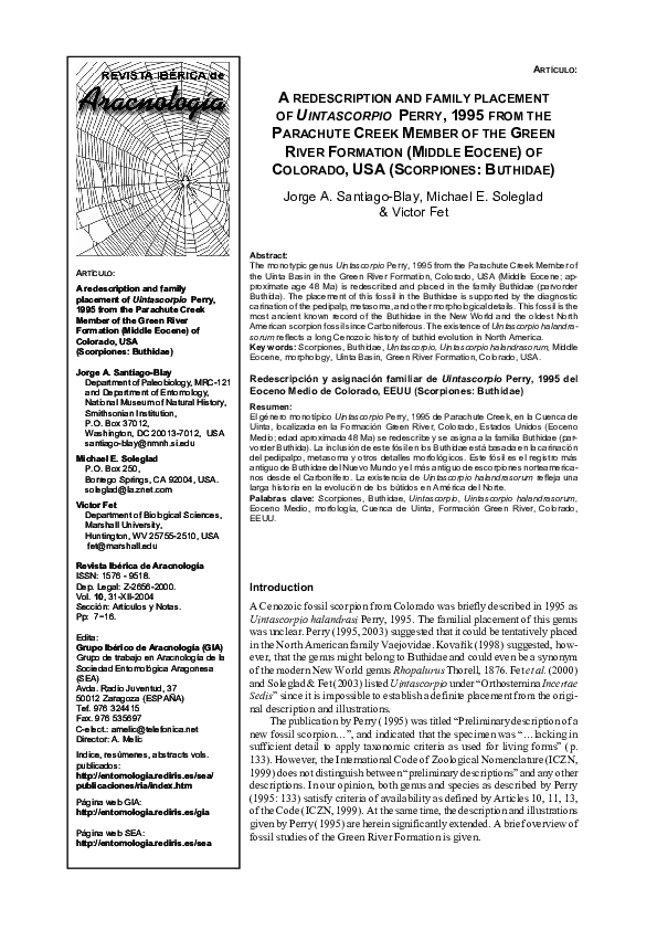 (PDF) RIVER FORMATION (MIDDLE EOCENE) OF COLORADO, USA (SCORPIONES ...