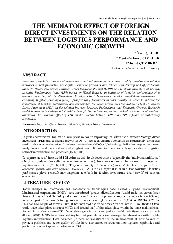 (PDF) The Mediator Effect of Foreign Direct Investments on the Relation between Logistics ...