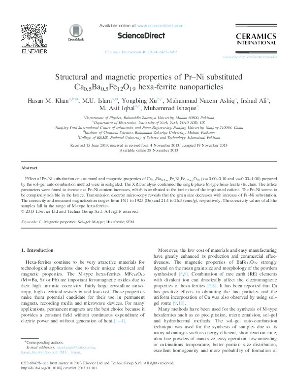 (PDF) Structural and magnetic properties of Pr– Ni substituted Ca0.5 Ba0.5 Fe12O 19 hexa-ferrite ...
