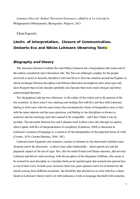 (DOC) Limits of Interpretation, Closure of Communication. Umberto Eco ...