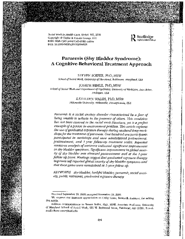 (PDF) Paruresis (Shy Bladder Syndrome): A Cognitive-Behavioral ...