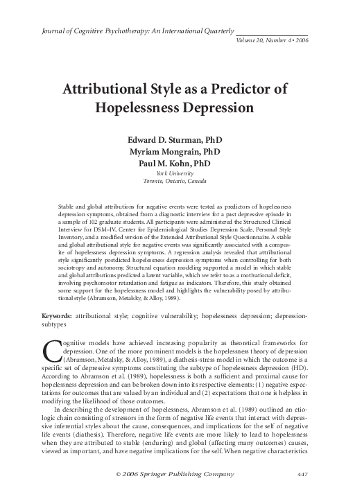 (PDF) Attributional Style as a Predictor of Hopelessness Depression