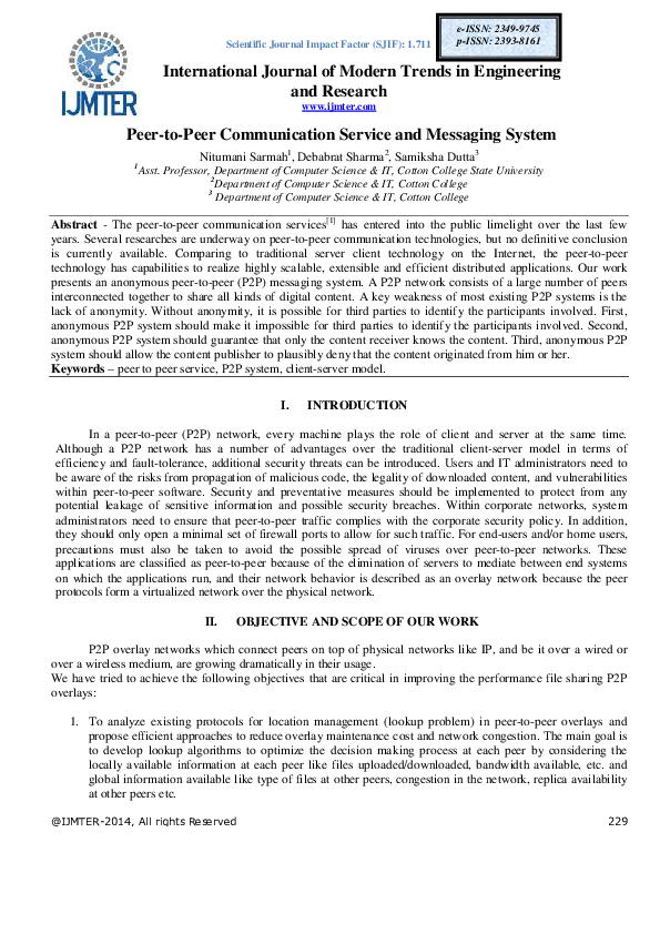 Pdf Peer To Peer Communication Service And Messaging System