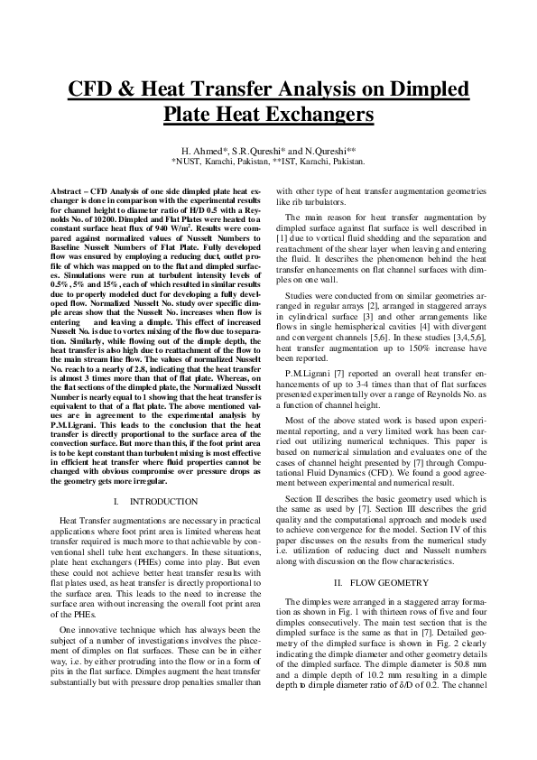 (PDF) CFD & Heat Transfer Analysis on Dimpled Plate Heat Exchangers