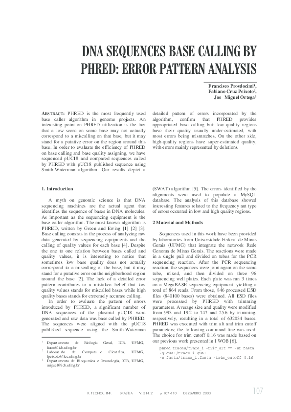 (PDF) DNA sequences base calling by PHRED: Error pattern analysis