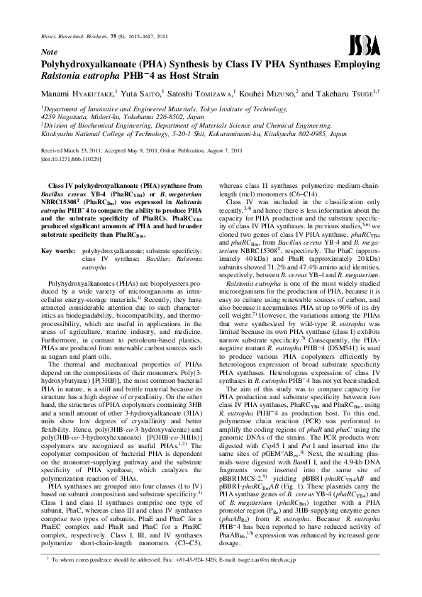 (PDF) Polyhydroxyalkanoate (PHA) Synthesis by Class IV PHA Synthases Employing Ralstonia ...
