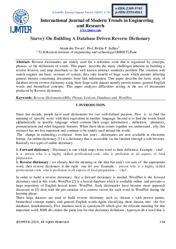 (PDF) Survey On Building A Database Driven Reverse Dictionary