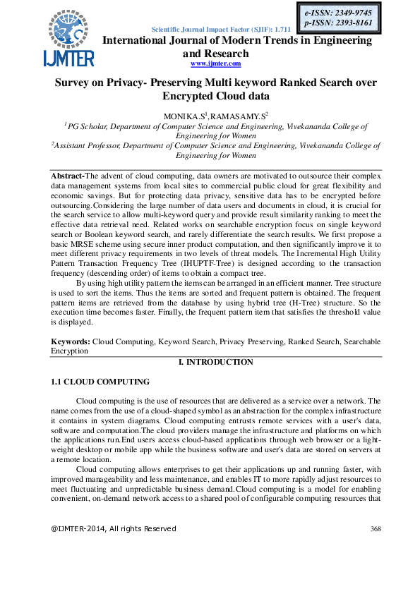 Pdf Survey On Privacy Preserving Multi Keyword Ranked Search Over
