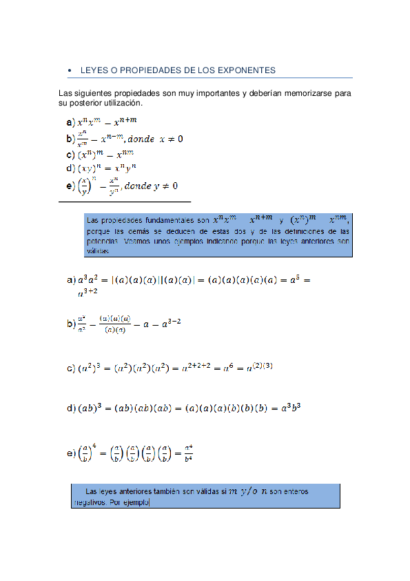 (PDF) LEYES O PROPIEDADES DE LOS EXPONENTES