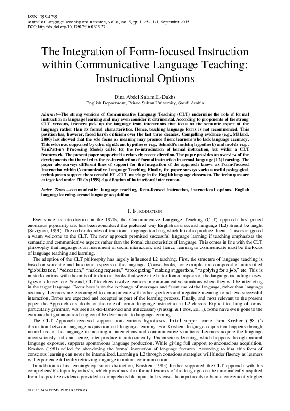 (PDF) The Integration of Form-focused Instruction within Communicative Language Teaching ...