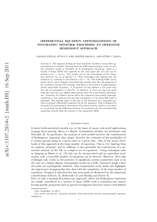 (PDF) Differential equation approximations of stochastic network processes: an operator ...