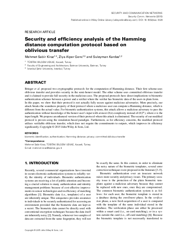 (PDF) Security and efficiency analysis of the Hamming distance computation protocol based on ...