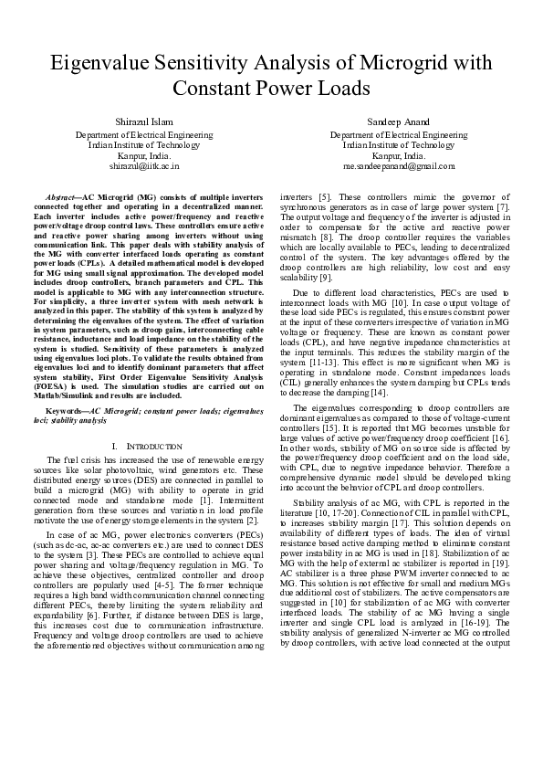 (PDF) Eigenvalue Sensitivity Analysis of Microgrid with Constant Power Loads