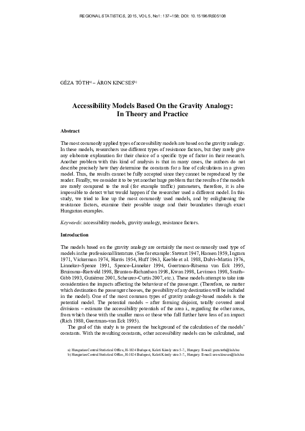 Accessibility Models Based On the Gravity Analogy: In Theory and Practice