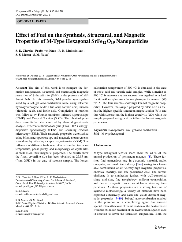 (PDF) Effect of Fuel on the Synthesis, Structural, and Magnetic Properties of M-Type Hexagonal ...