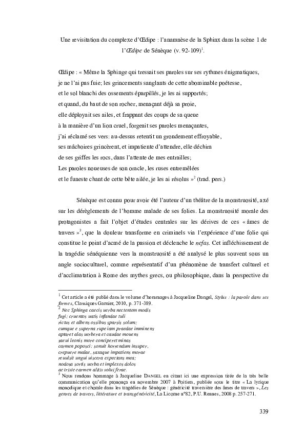 (PDF) Une revisitation du complexe d’Œdipe : l’anamnèse de la Sphinx dans la scène 1 de l’Œdipe ...