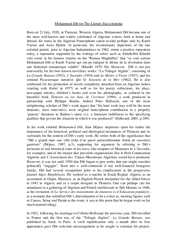 (DOC) Mohammed Dib, a very short biography for The Literary ...