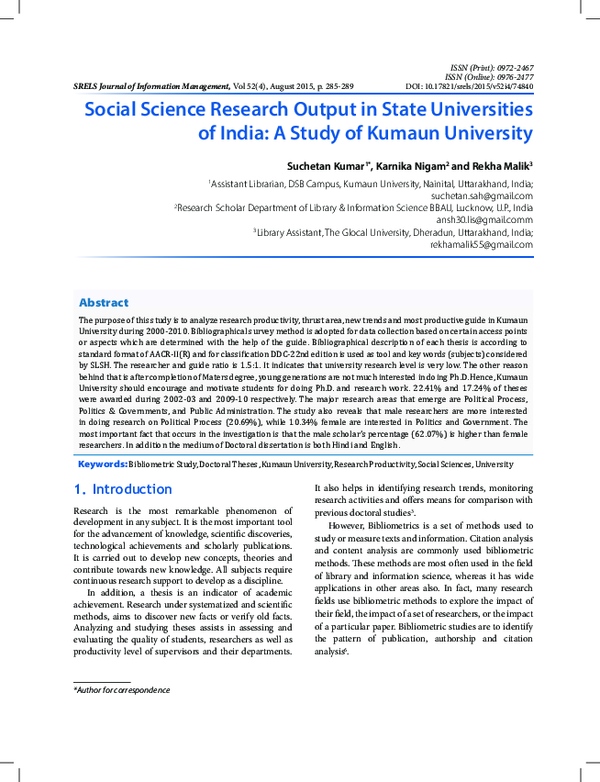 (PDF) Social Science Research Output in State Universities of India: A ...