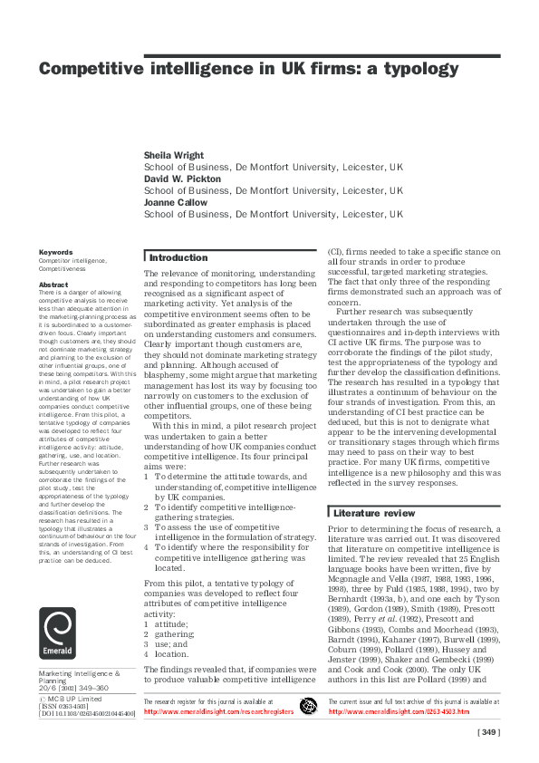 (PDF) 2002: Competitive Intelligence in UK firms: A Typology by Sheila ...