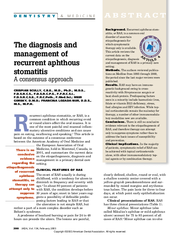 (PDF) The diagnosis and management of recurrent aphthous stomatitis A consensus approach