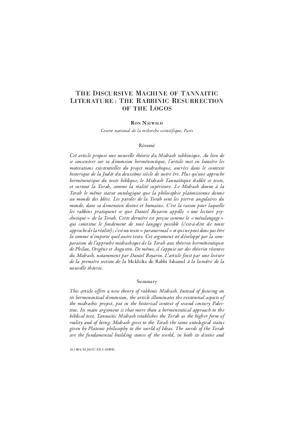 (PDF) The Discursive Machine of Tannaitic Literature: the Rabbinic ...