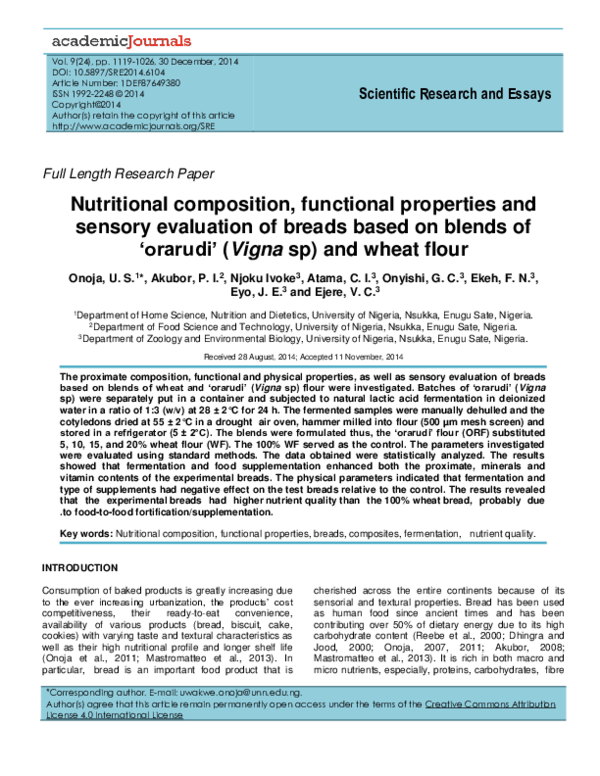 (PDF) Nutritional composition, functional properties and sensory evaluation of breads based on ...