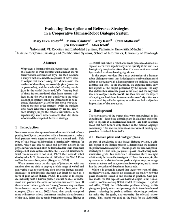 (PDF) Evaluating description and reference strategies in a cooperative human-robot dialogue system