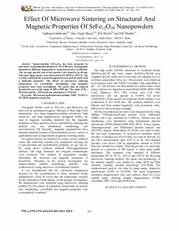 Pdf Effect Of Microwave Sintering On Structural And Magnetic Properties Of Srfe12019 Nanopowders