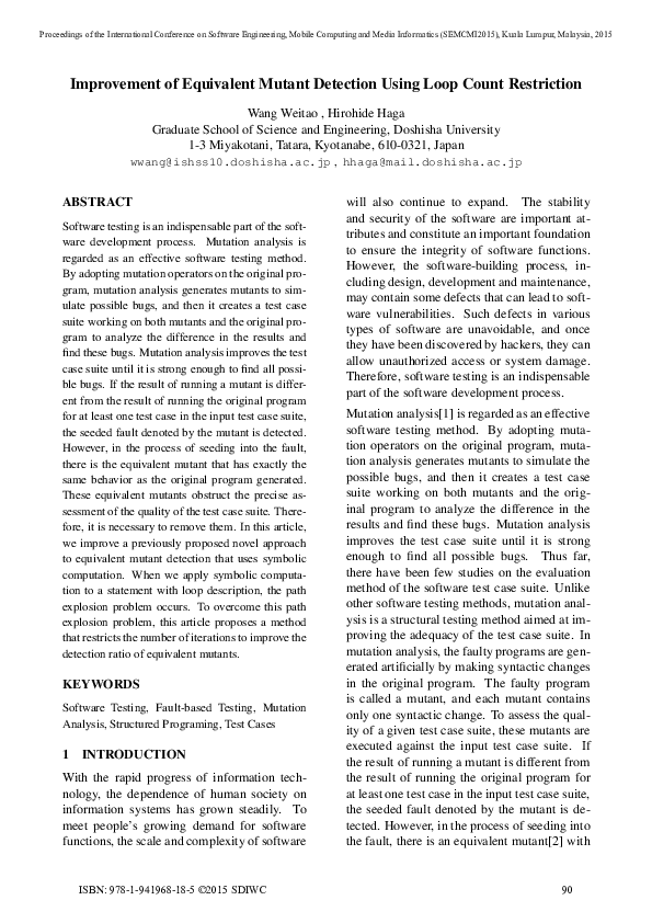 (PDF) Improvement of Equivalent Mutant Detection Using Loop Count Restriction