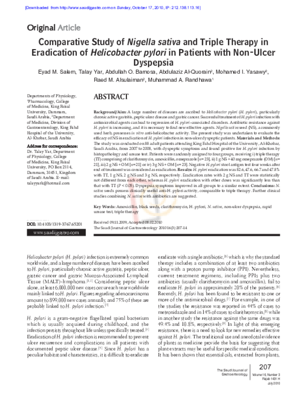 (PDF) Comparative study of Nigella Sativa and triple therapy in eradication of Helicobacter ...