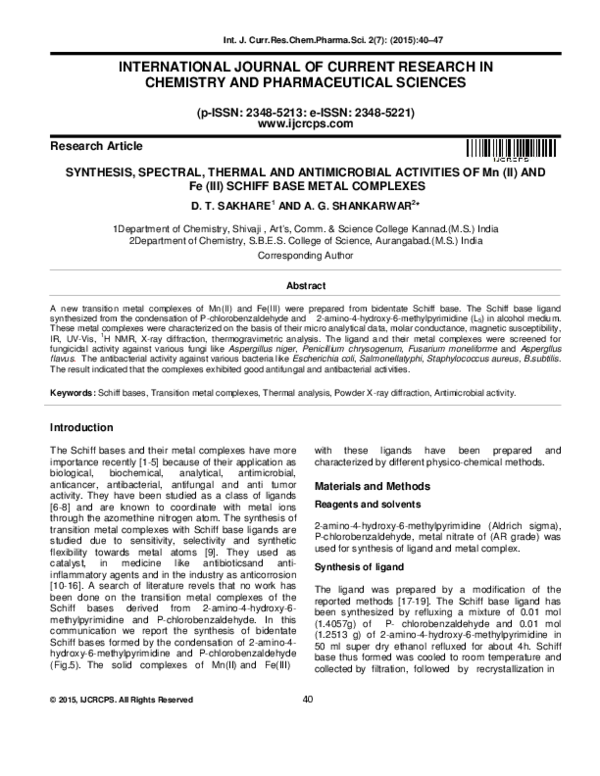 (PDF) SYNTHESIS, SPECTRAL, THERMAL AND ANTIMICROBIAL ACTIVITIES OF Mn (II) AND Fe (III) SCHIFF ...