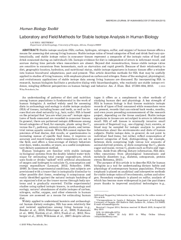 (PDF) Laboratory and field methods for stable isotope analysis in human ...