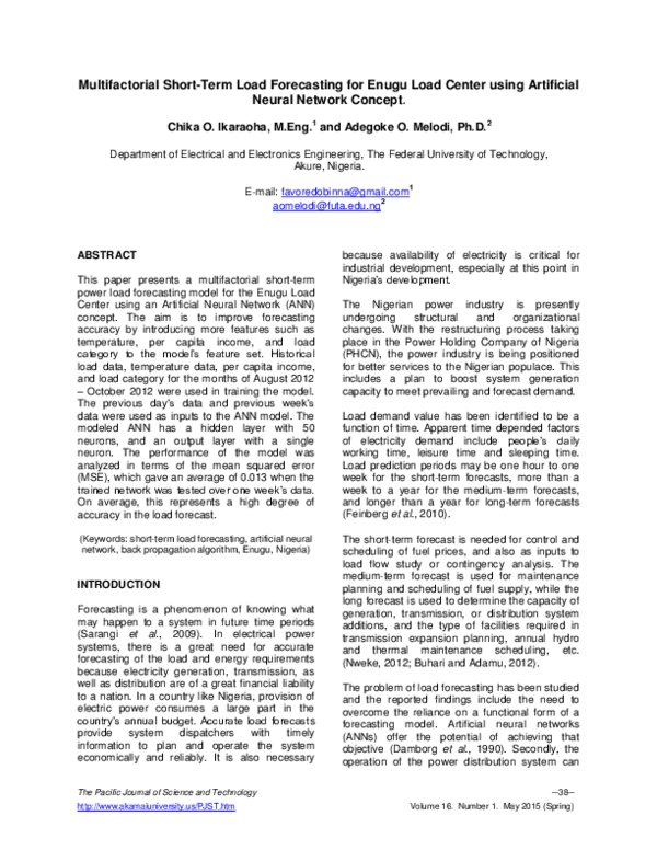 Pdf Multifactorial Short Term Load Forecasting For Enugu Load Center