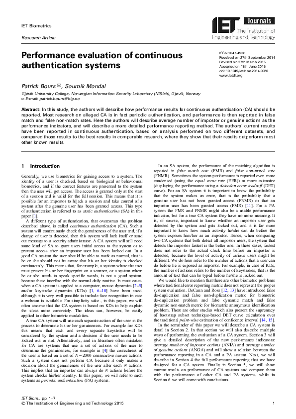 (PDF) Performance evaluation of continuous authentication systems