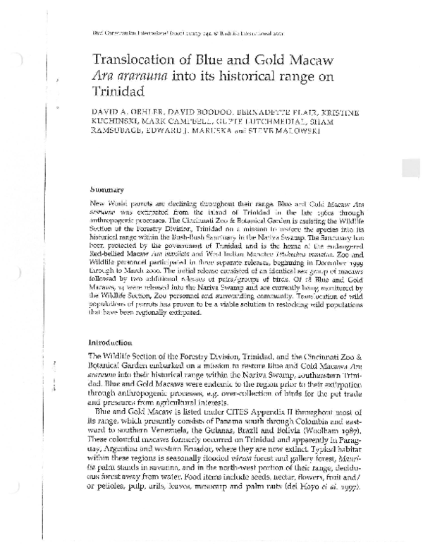 (PDF) Translocation of Blue and Gold Macaw Ara ararauna into its ...