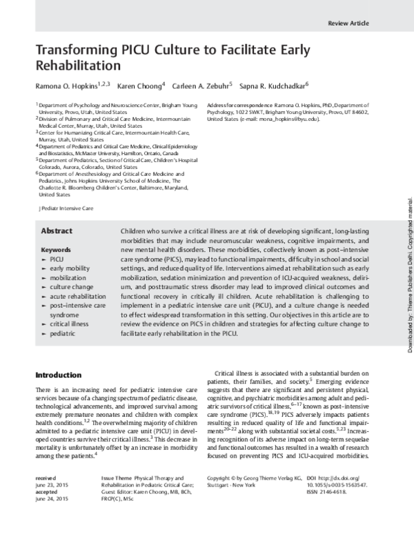 (PDF) Transforming PICU Culture to Facilitate Early Rehabilitation