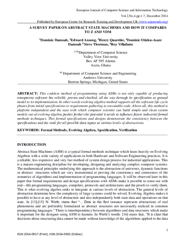 Pdf A Survey Paper On Abstract State Machines And How It Compares To Z And Vdm