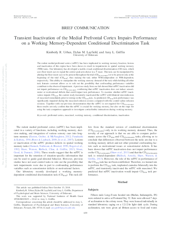 (PDF) Transient Inactivation of the Medial Prefrontal Cortex Impairs Performance on a Working ...