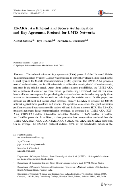 Pdf Es Aka An Efficient And Secure Authentication And Key Agreement Protocol For Umts Networks