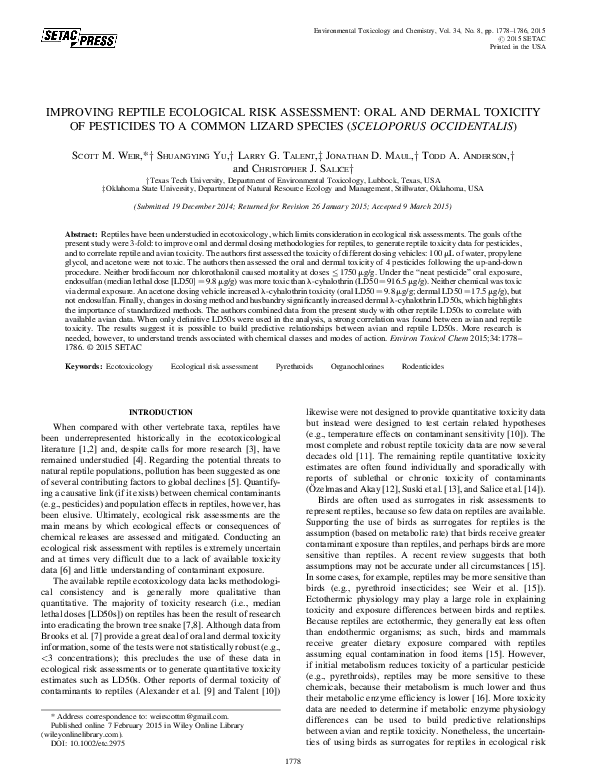 (PDF) IMPROVING REPTILE ECOLOGICAL RISK ASSESSMENT: ORAL AND DERMAL ...